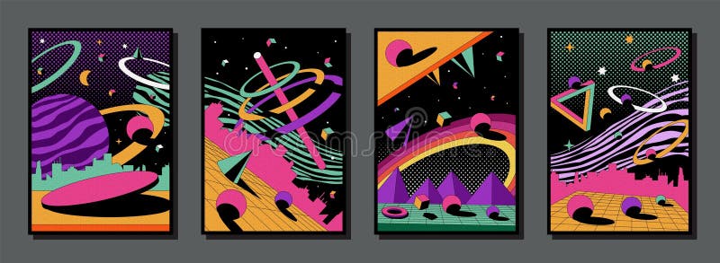 Psychedelic Posters. Abstract Retro Background. 1980s Space Landscape ...