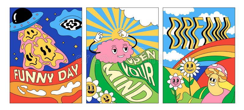 Psychedelic Posters. Acid Trippy Party Flyers Surreal Retro 70s 80s ...