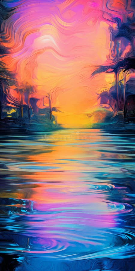 Abstract Sunset in a Lake: Psychedelic Illustration with Nature ...