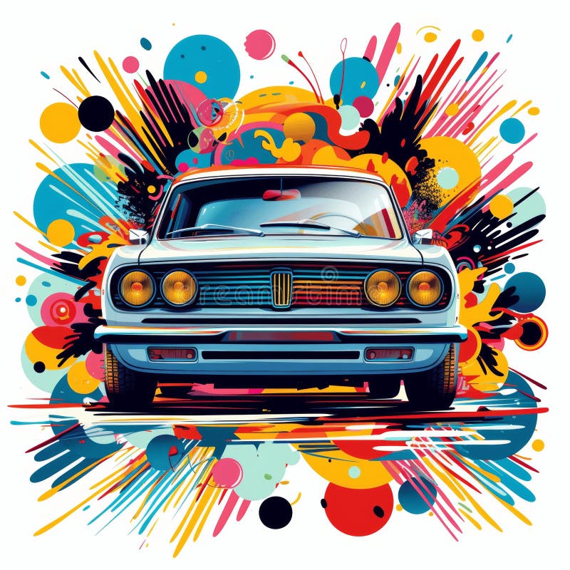 Psychedelic Retro Car Vector Illustration with Vibrant Colors on White ...