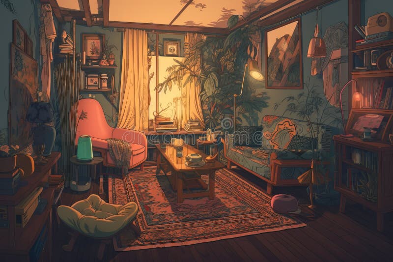 Psychedelic Retro Themed Room Stock Illustration - Illustration of ...