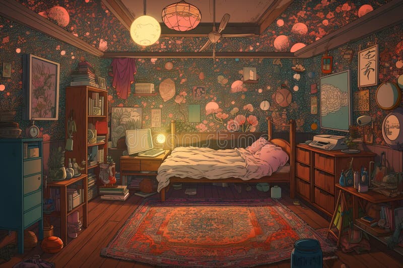 Psychedelic Retro Themed Room Stock Illustration - Illustration of blue ...