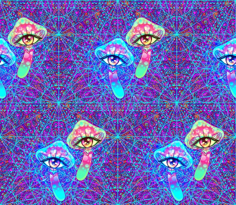 Psychedelic Seamless Pattern with Magic Mushrooms Over Sacred Geometry ...