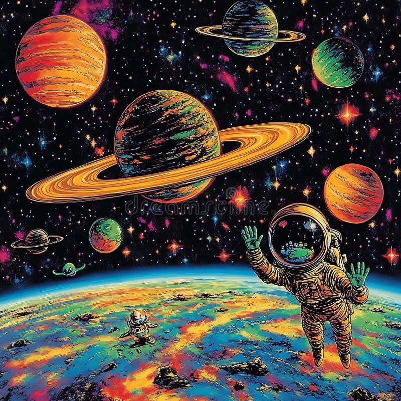 Psychedelic Space Astronaut Illustration with Planets and Stars Stock ...