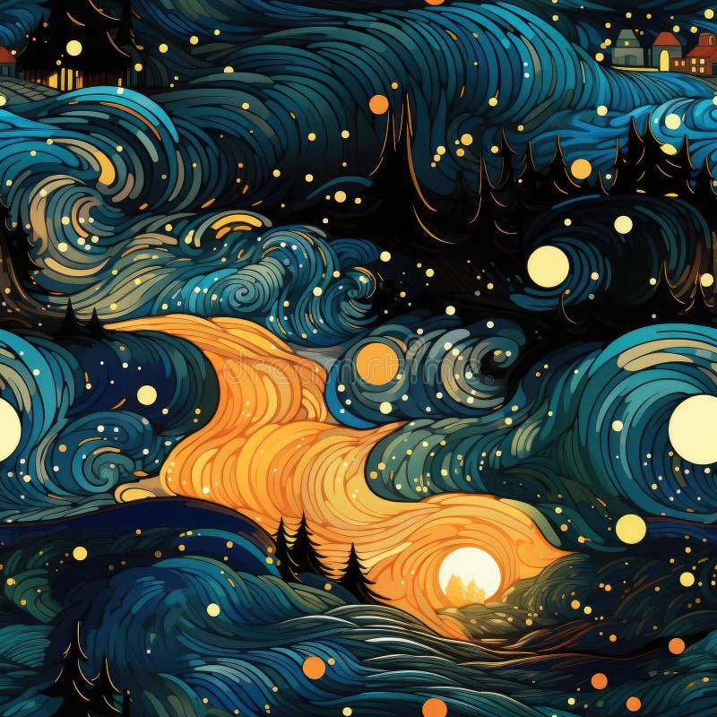 Psychedelic Starry Night Pattern with Intricate Illustrations (tiled ...