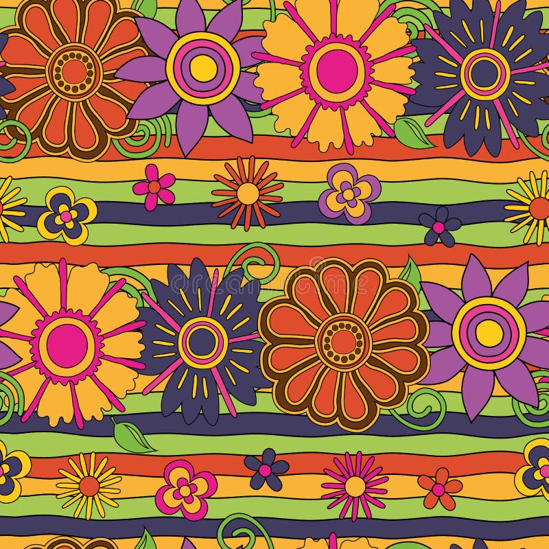 Psychedelic Stripes and Flowers Pattern Stock Illustration ...