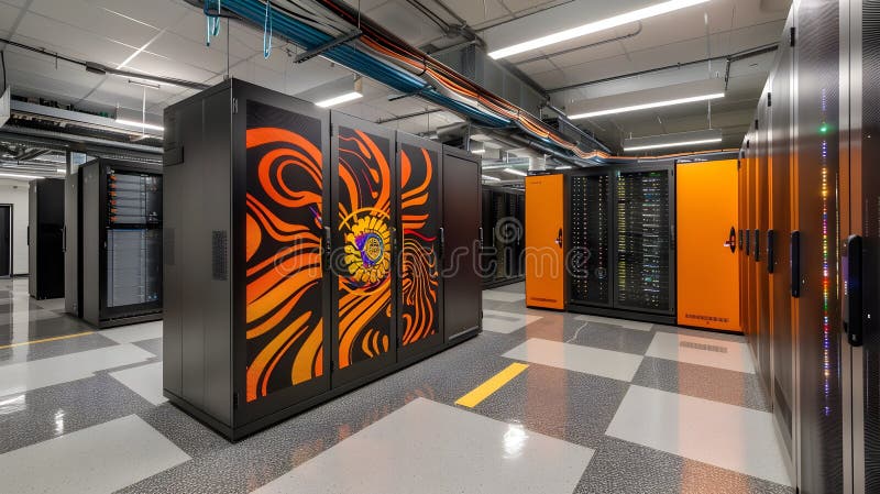 Psychedelic Style Server Room with Orange and Black Cabinets Stock ...