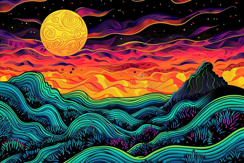 Psychedelic Sunset Over Mountains Stock Illustration - Illustration of ...