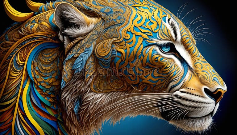 Psychedelic Tiger Head with Intricate Feathered Patterns Stock ...