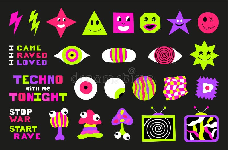 Psychedelic Trippy Acid Rave Large Set Trendy Abstract Characters
