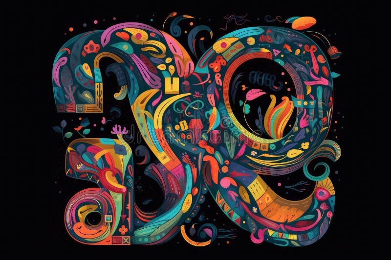 Psychedelic Typography Illustration of Dancing Letters on a Dark ...