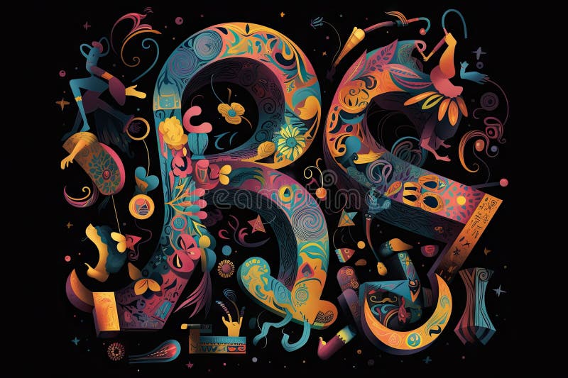 Psychedelic Typography Illustration of Dancing Letters on a Dark ...