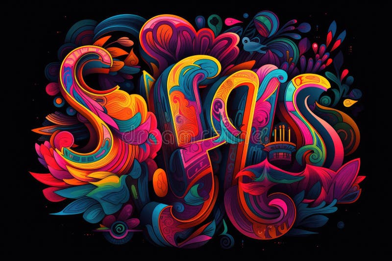 Psychedelic Typography and Lettering on Black Background, with Vibrant ...