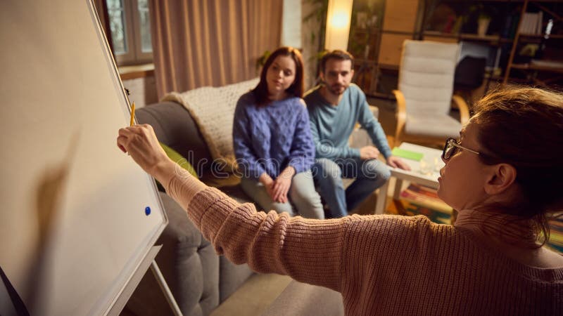 Psychologist Interacting with Whiteboard, Discussing Issues with Family ...