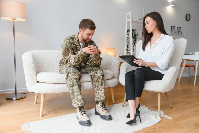 Sad Soldier with Ptsd Talking at Psychiatrist and Gesturing while ...