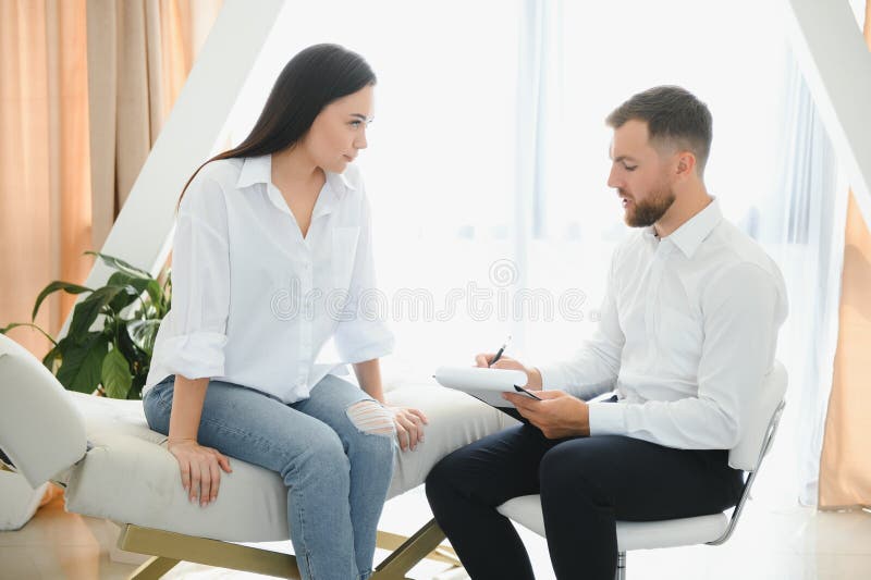 Psychologist Taking Notes during Therapy Session with Sad Young Woman ...