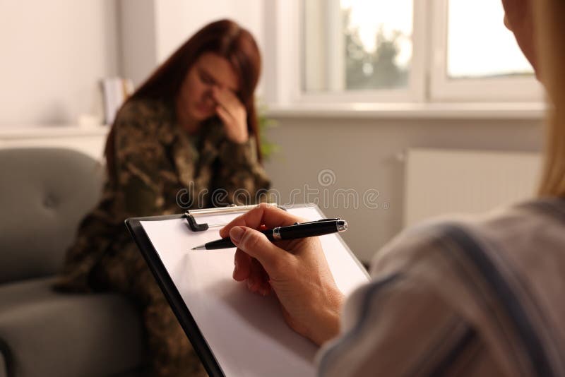 Psychologist Working with Military Officer in Office, Focus on Hand ...