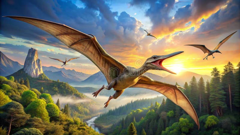 Pterosaurs Soaring through Prehistoric Skies. a Digital Painting of ...