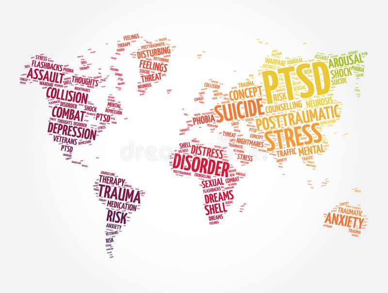 PTSD - Posttraumatic Stress Disorder Word Cloud in Shape of World Map ...