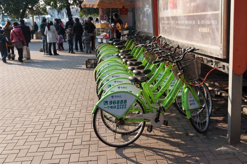 Public bike at Wuhan China editorial stock photo. Image of rent - 23091558