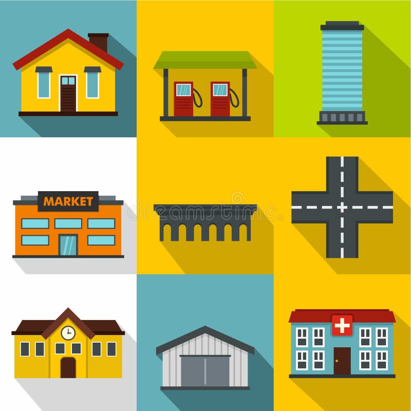 Public Building Icons Set, Flat Style Stock Vector - Illustration of ...