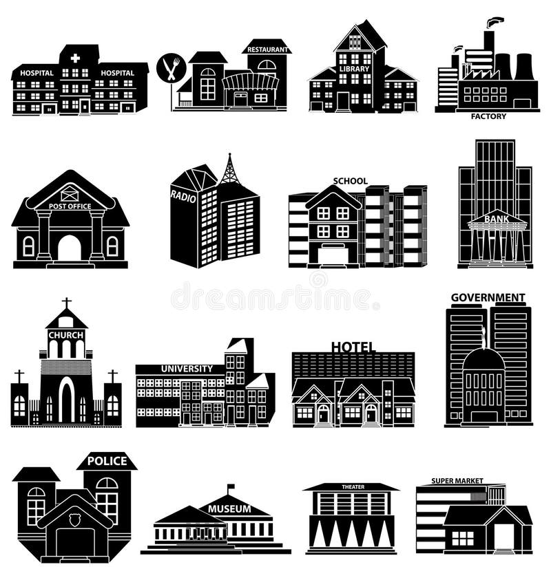 Public buildings icons set stock vector. Illustration of hospital ...