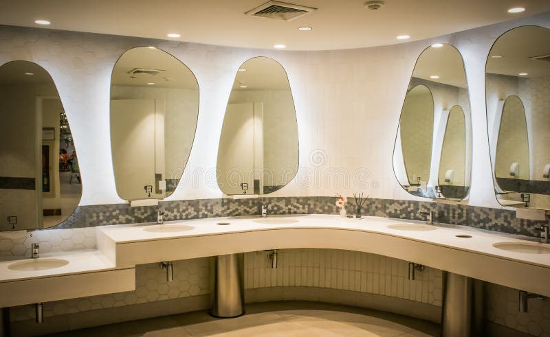 Public Empty Restroom with Mirror Stock Image - Image of decor, design ...