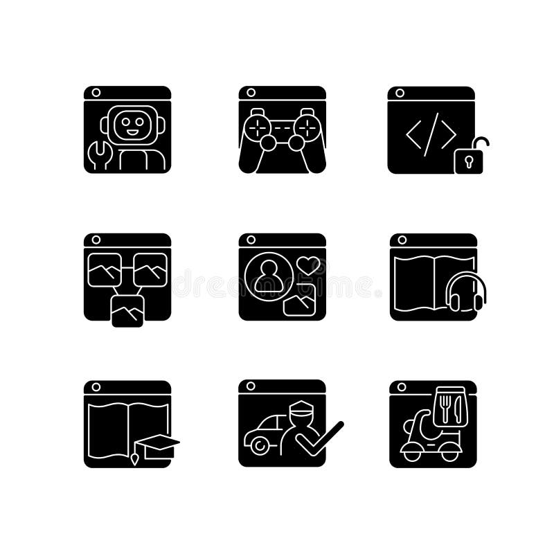 Public-facing Internet Applications Black Glyph Icons Set on White ...