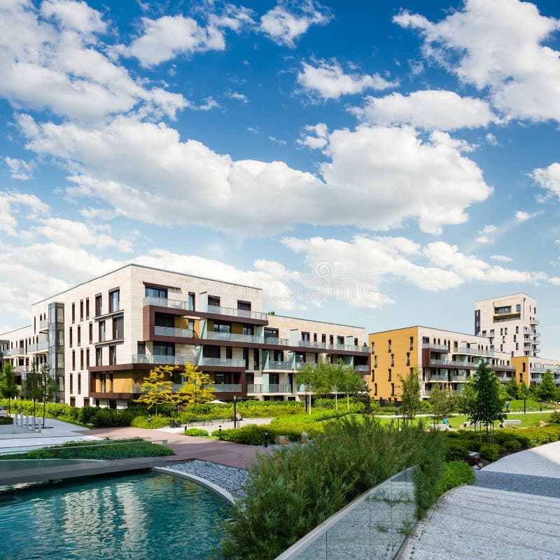 Public Green Park with Modern Blocks of Flats and Blue Sky Stock Image ...