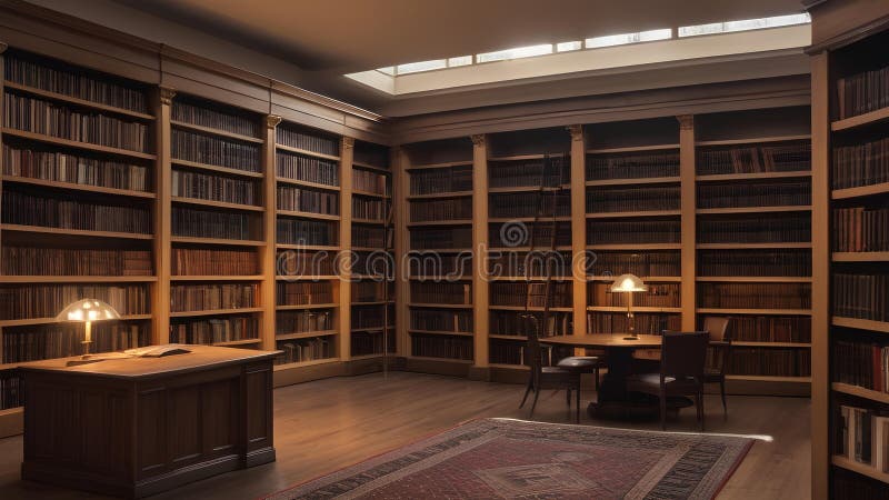 Public Library with Bookshelves and the Room is Dimly Lit Stock Photo ...