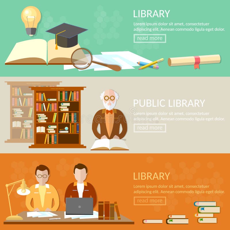 Public Library Education Banners Students Reading Books Stock Vector ...