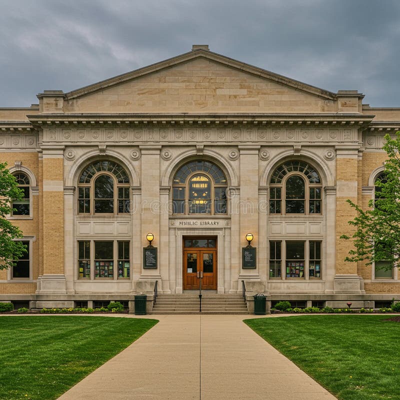 A Public Library with Neoclassical Architecture, Featuring a ...