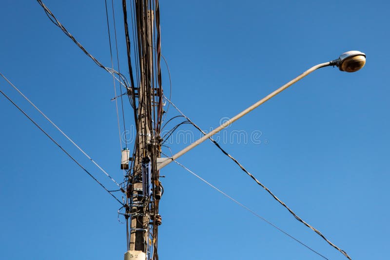 Public Lighting Electric Network Pole with a Tangle of Wires Stock ...