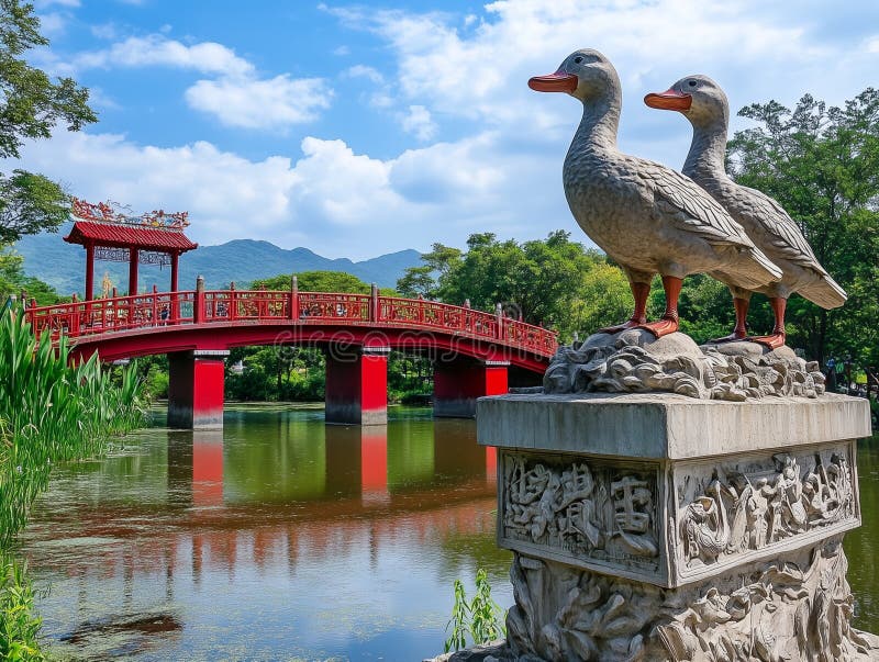 A Public Monument Featuring Two Large Statues of Ducks Stock ...