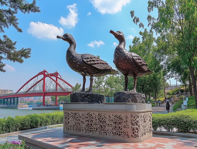 A Public Monument Featuring Two Large Statues of Ducks Stock ...