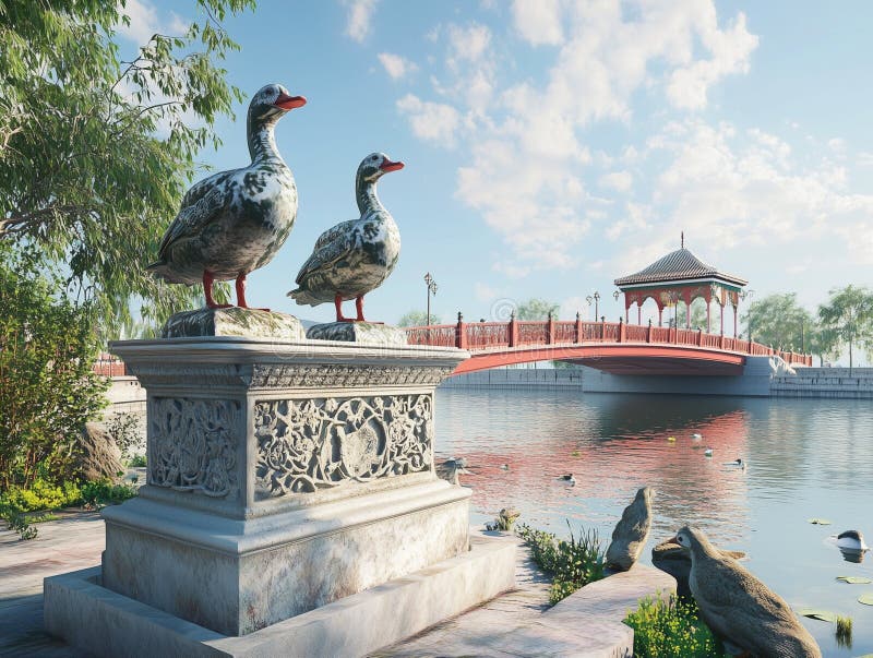 A Public Monument Featuring Two Large Statues of Ducks Stock ...