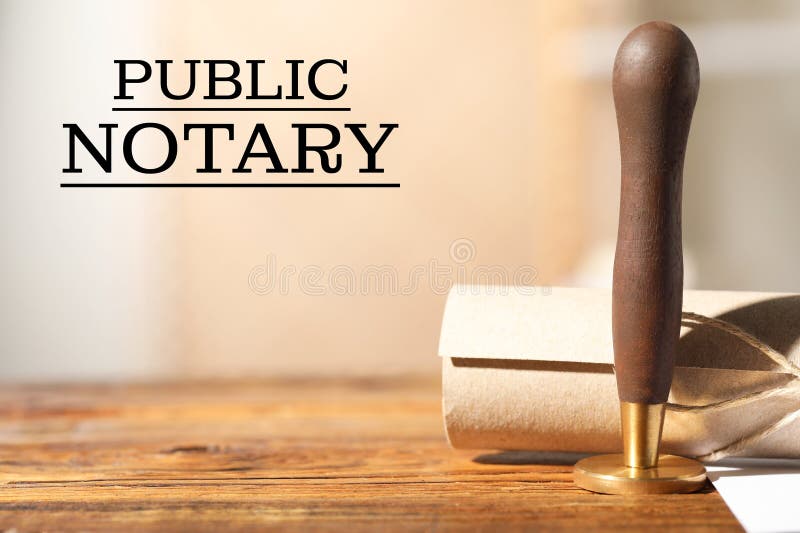 Public Notary. Document and Stamp on Wooden Table, Space for Text Stock ...
