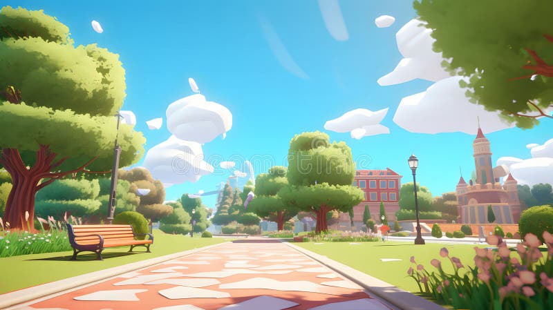 Public Park 3d Cartoon Style Stock Illustration - Illustration of lake ...