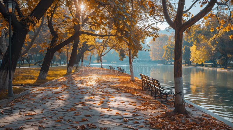 Public Park in Fall: Empty Bench Sits Under Colorful Trees Stock ...