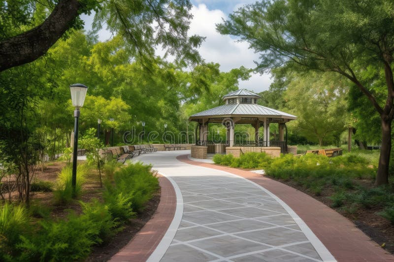 Public Park with Gazebo and Paved Walkways, Surrounded by Greenery ...