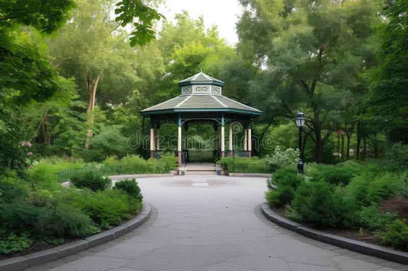 Public Park with Gazebo and Paved Walkways, Surrounded by Greenery ...