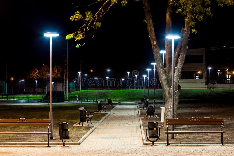 Public Park Infrastructure, Night Lighting Stock Image - Image of night ...