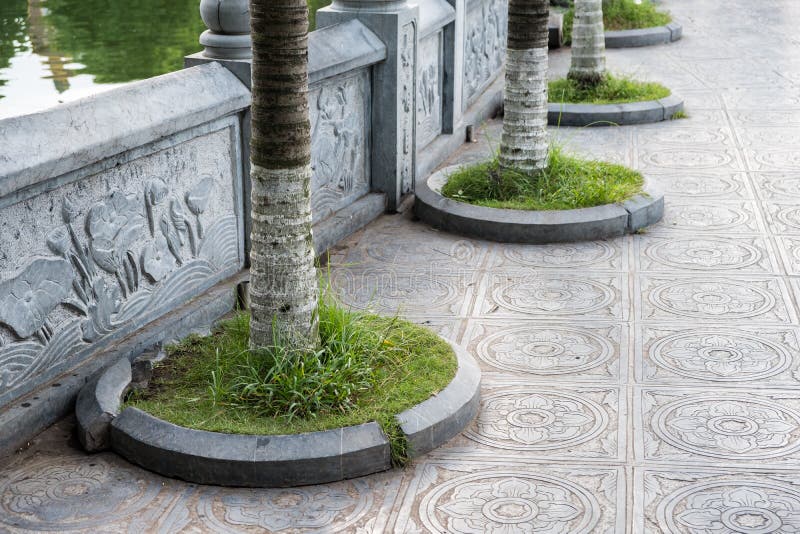 Public Park Pathway with Tree on Grass and Wall Stock Photo - Image of ...