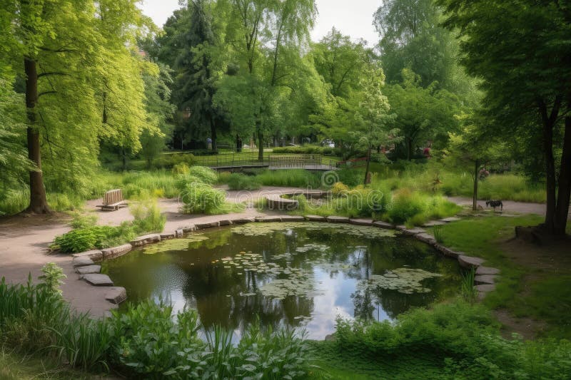 Public Park with a Pond, Surrounded by Trees and Plants Stock ...