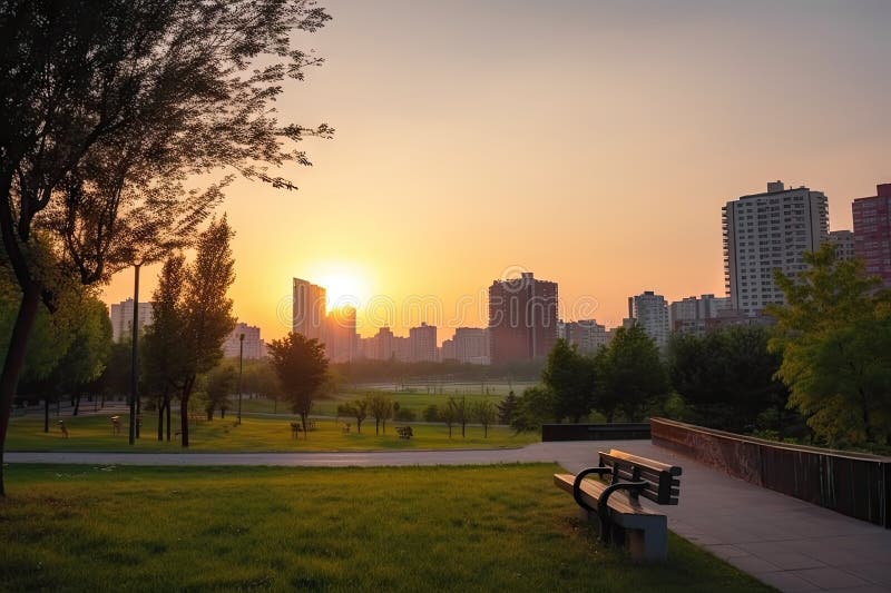 Public Park with View of City Skyline at Sunset Stock Illustration ...
