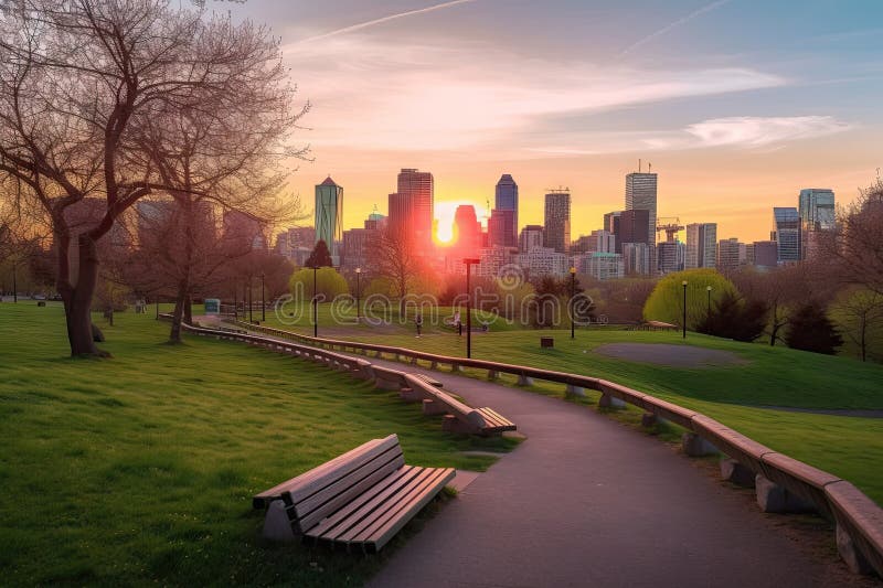 Public Park with View of City Skyline at Sunset Stock Illustration ...