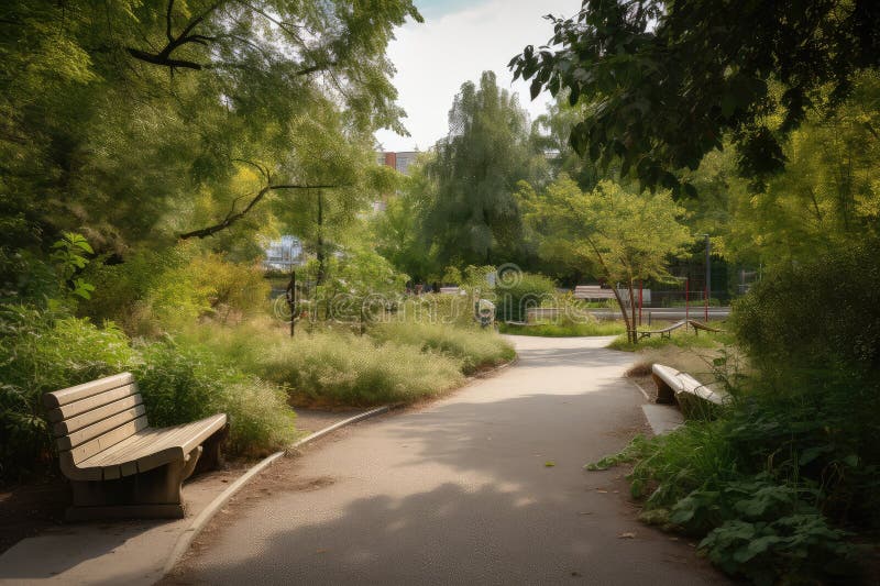 Public Park with Walking Path and Benches, Surrounded by Natural ...