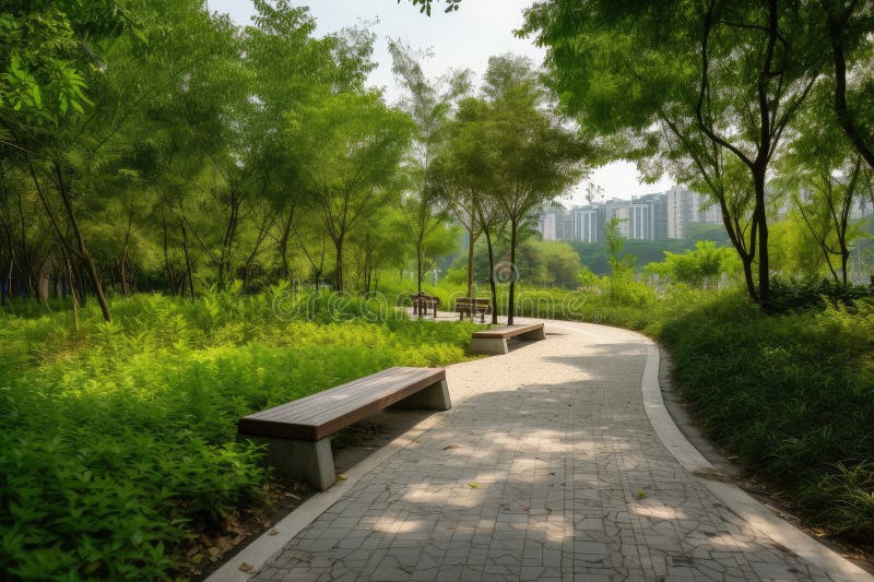 Public Park with Walking Path and Benches, Surrounded by Natural ...