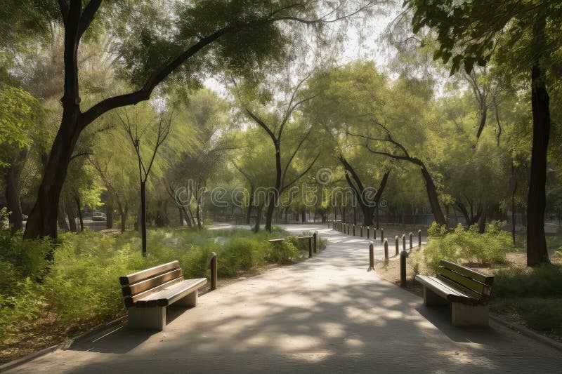 Public Park with Walking Path and Benches, Surrounded by Natural ...