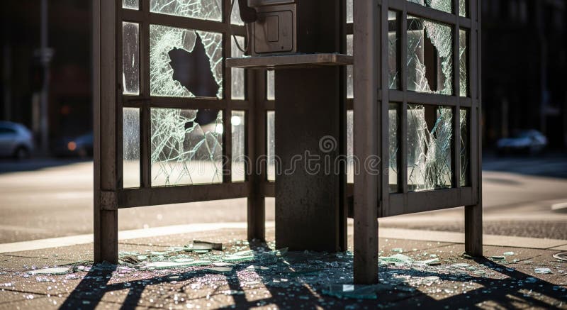 Broken Public Phone Booth with Shattered Glass Panels Letting in ...